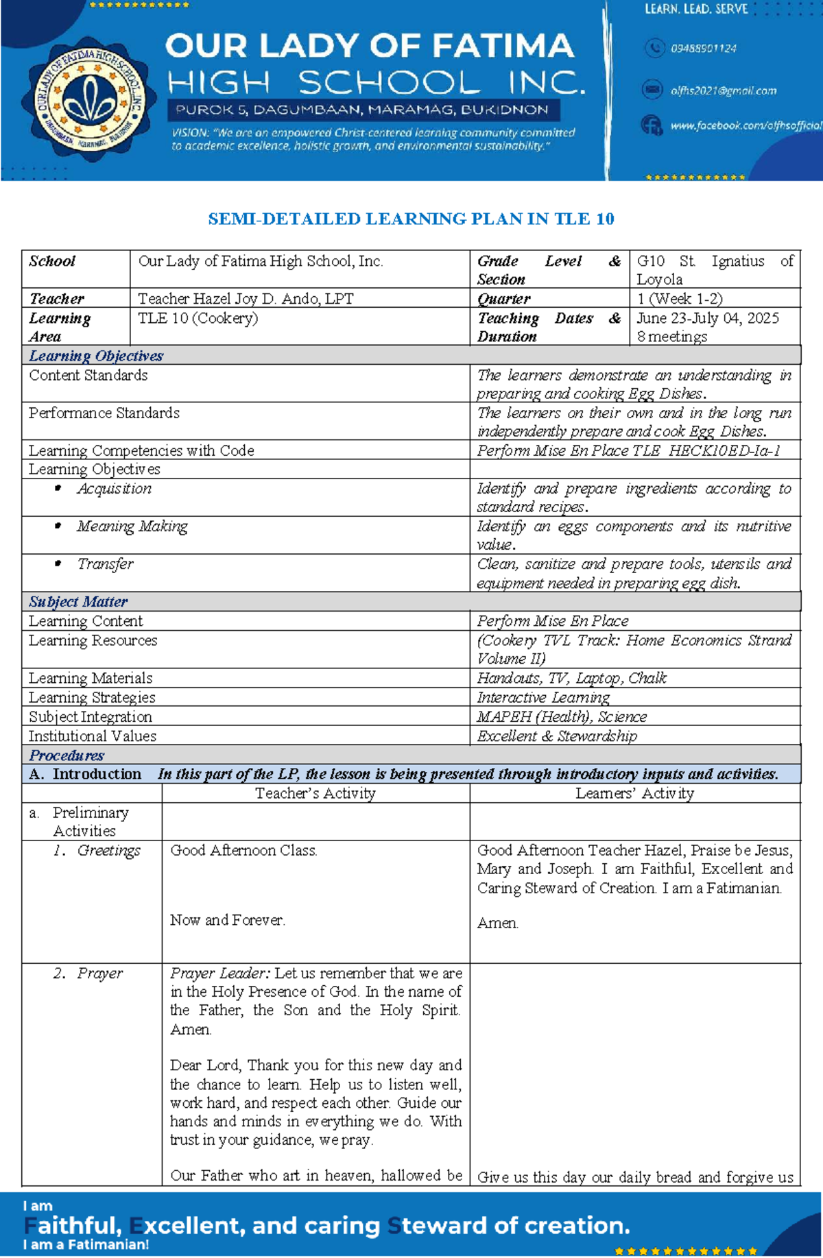 Learning Plan for TLE 10 (Cookery) - G10 Week 1-2 - Studocu