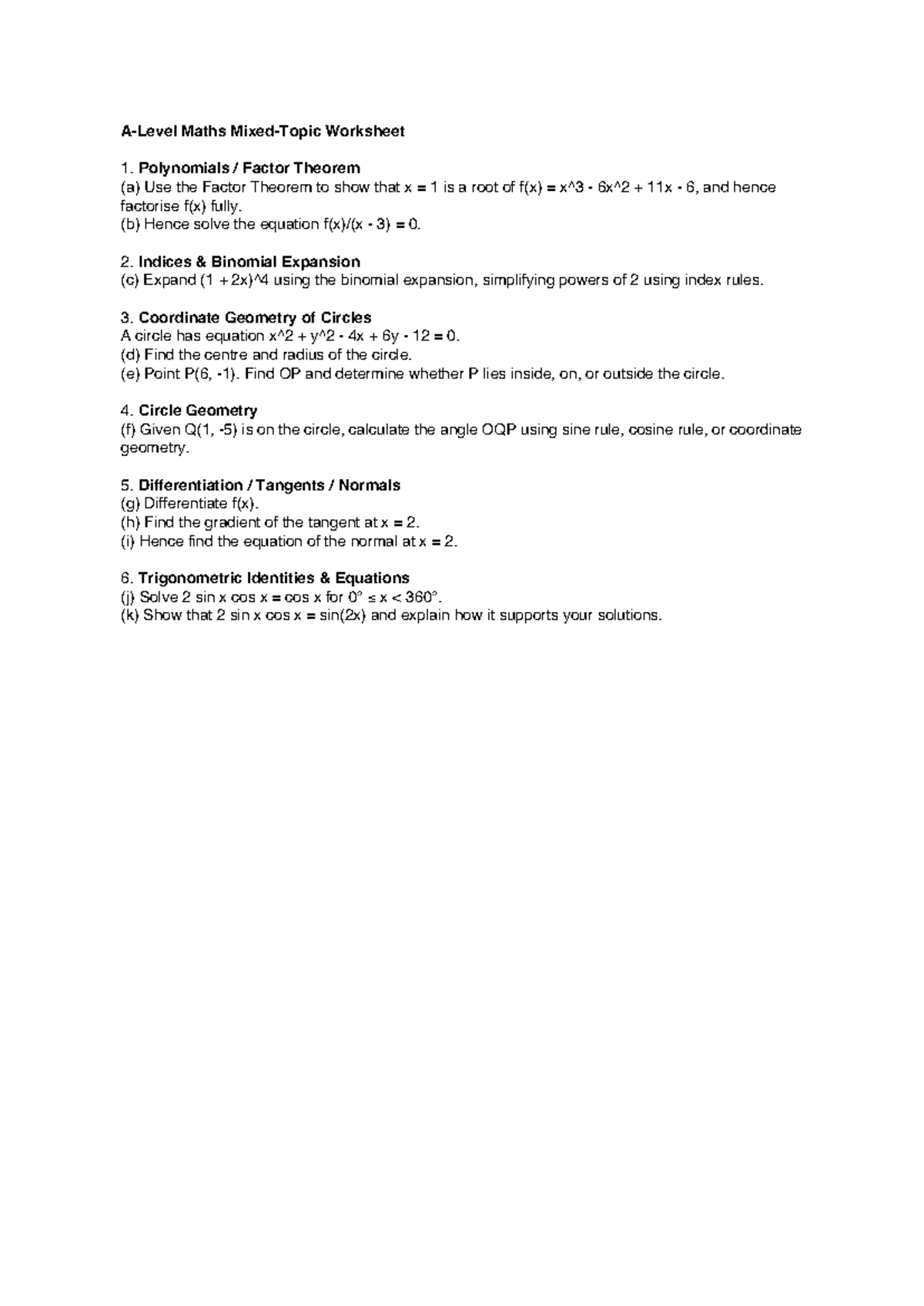 A-Level Maths Worksheet: Polynomials, Geometry & Trigonometry - Studocu