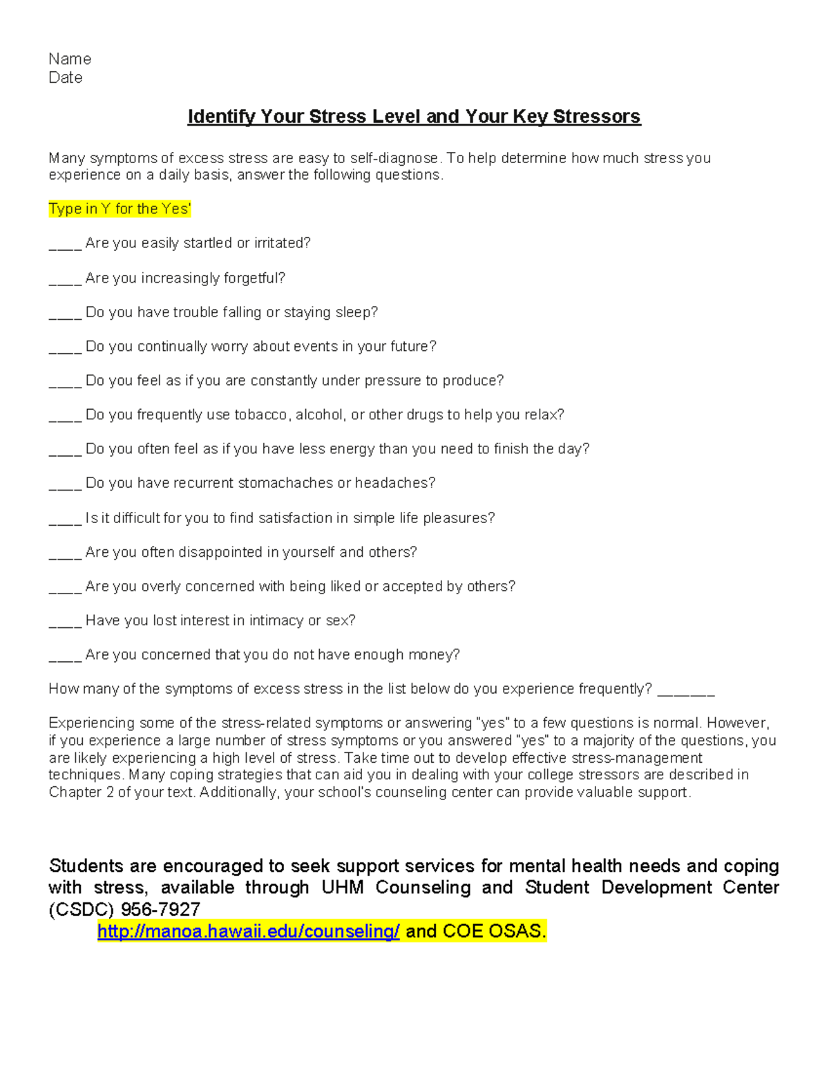 Stress Level Assessment & Screening for Effective Management - Studocu