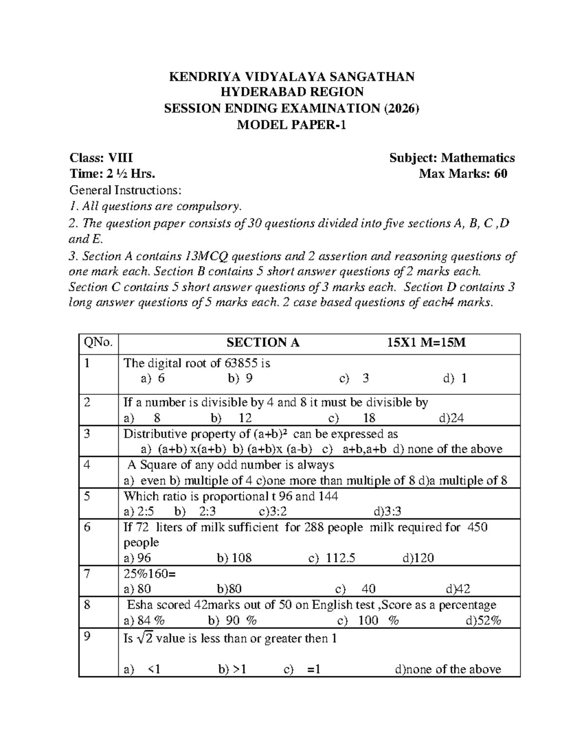 KVS Hyderabad Region Class VIII Maths Practice Papers (2026) - Studocu