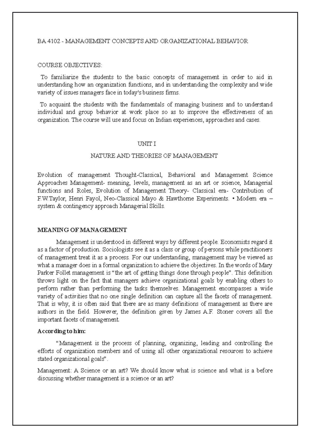 MCOB UNIT-1 - MCOB Unit 1 - Management Concept And Organizational Behaviour Unit- 1 Meaning of ...