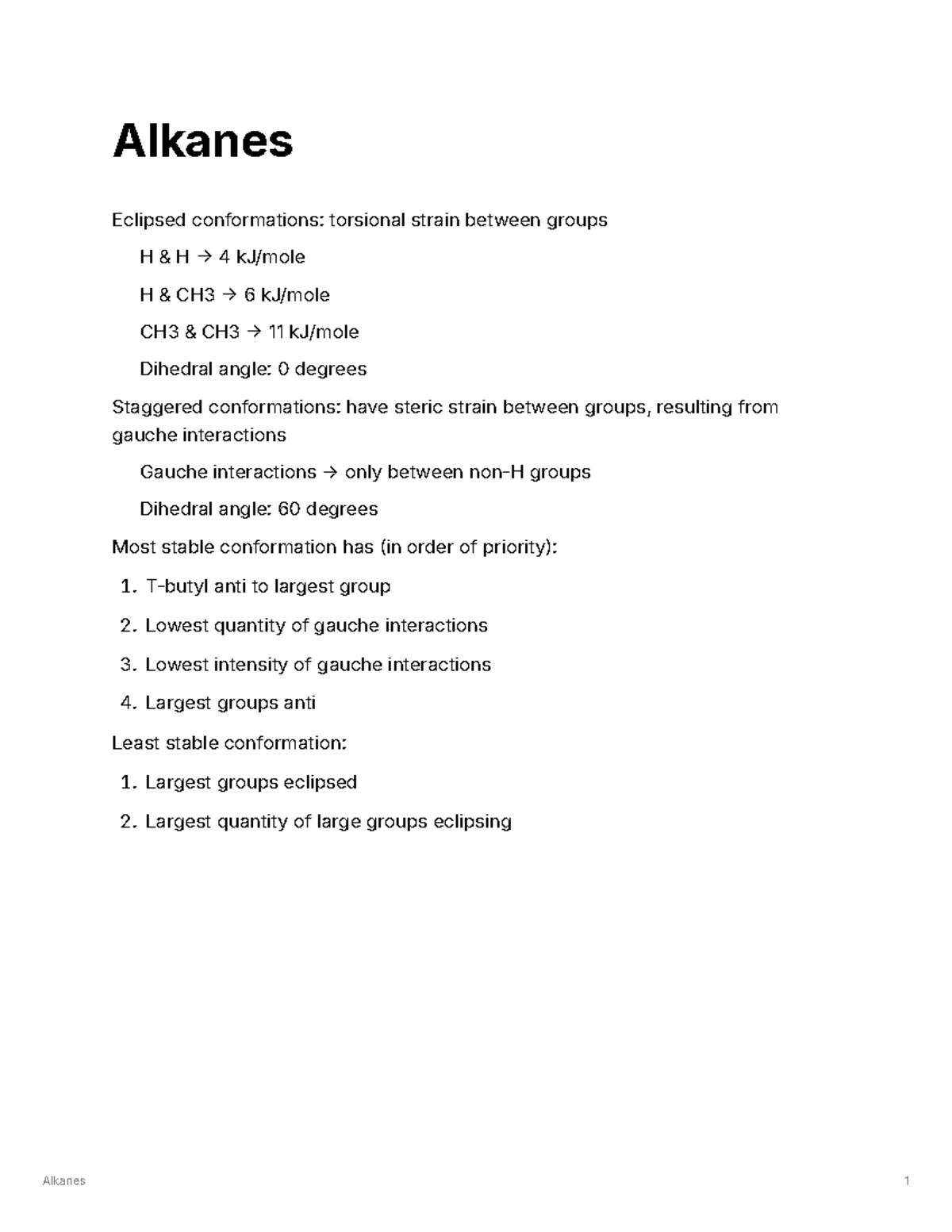 Alkanes notes midterm 2 - Alkanes Eclipsed conformations: torsional ...