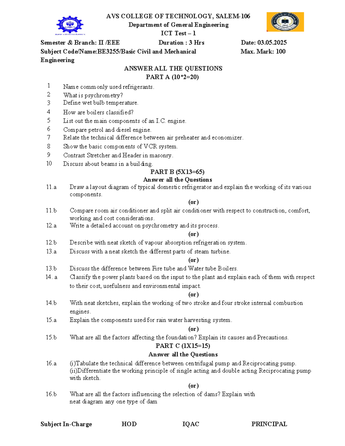 BCM-ICT 1 Civil and Mechanical Engineering Test 1 Questions - Studocu