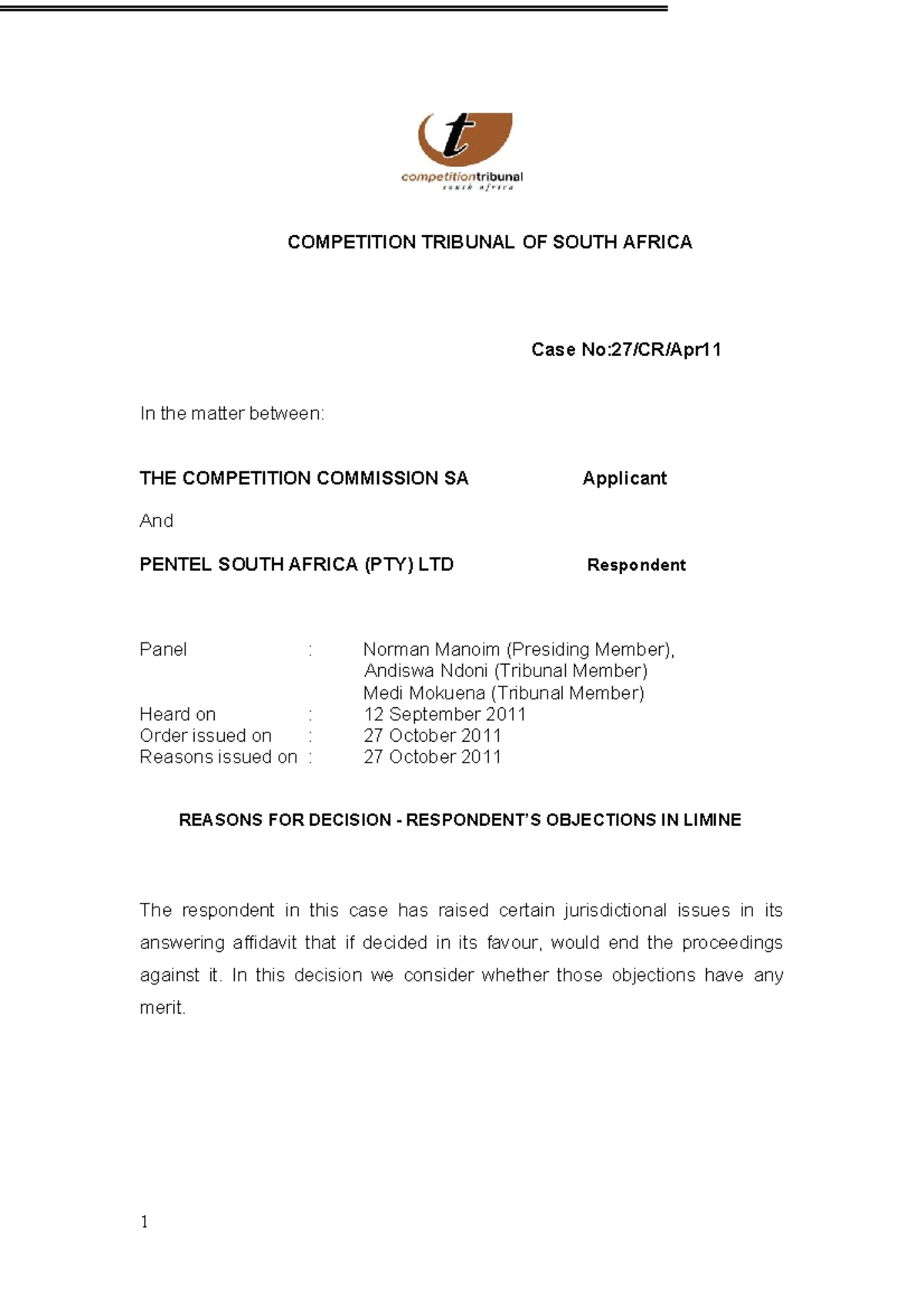 COMPETITION TRIBUNAL OF SOUTH AFRICA Case: Competition Commission vs ...