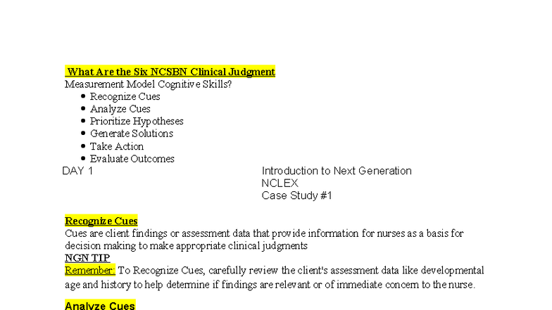 NCSBN Clinical Judgment Skills: Recognizing and Analyzing Cues for NGN ...