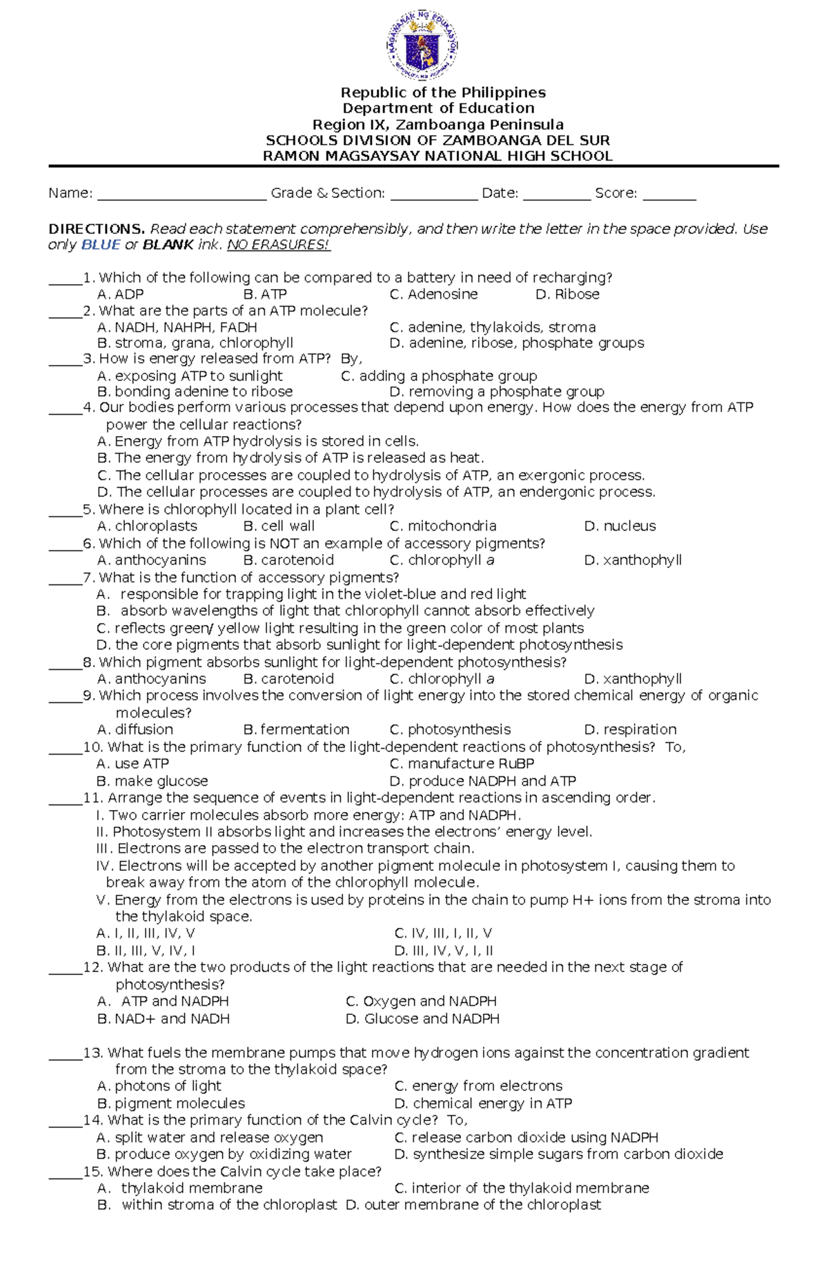 Final Quarter-2 Assessment-G11-General-Biology - Republic of the Philippines Department of ...
