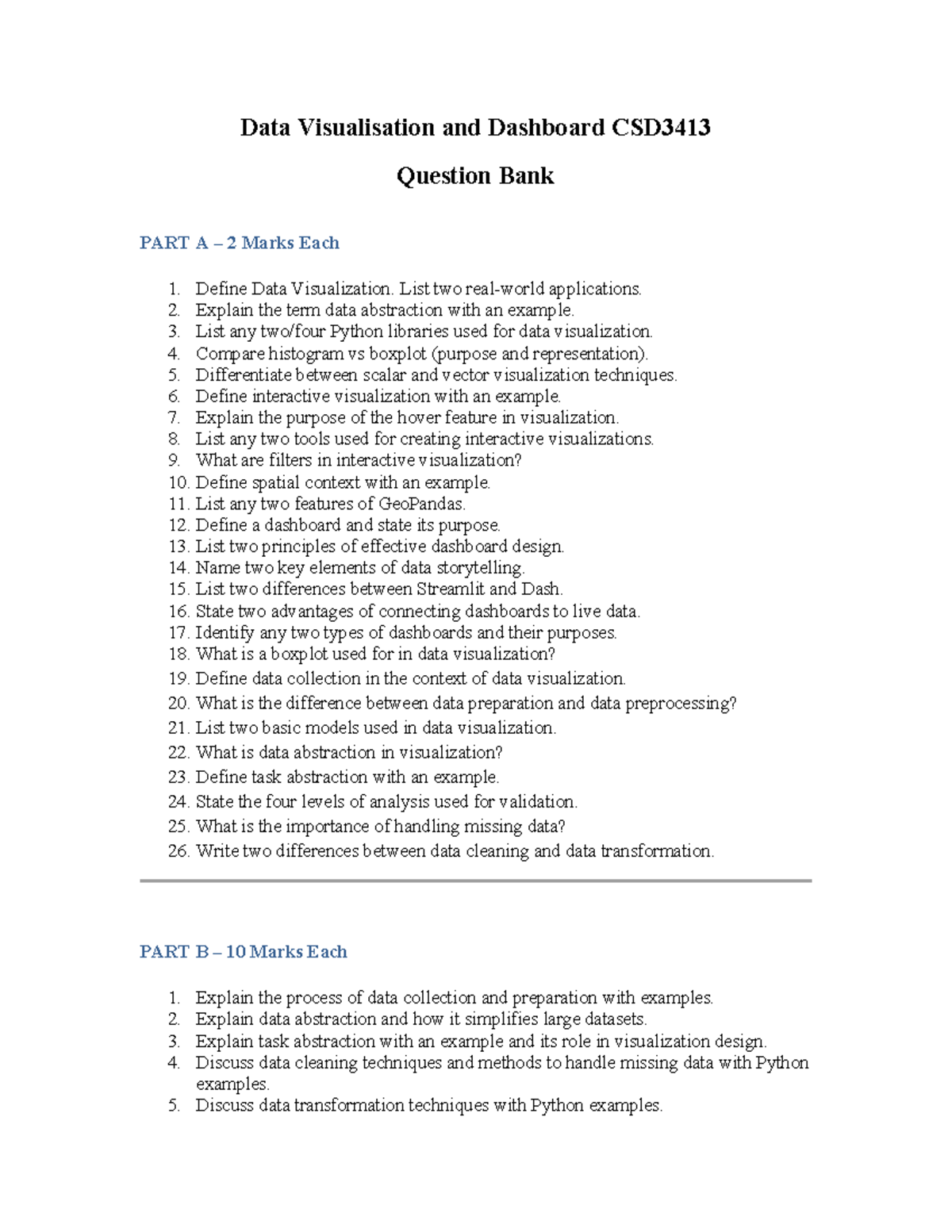CSD3413 Data Visualization & Dashboard Question Bank: Parts A & B - Studocu