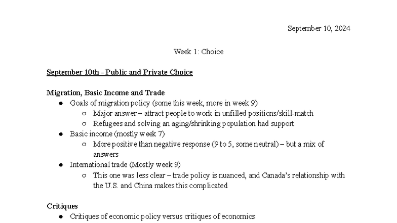 ECON 101: Week 1 Notes on Public and Private Choice (Sept 10, 2024 ...