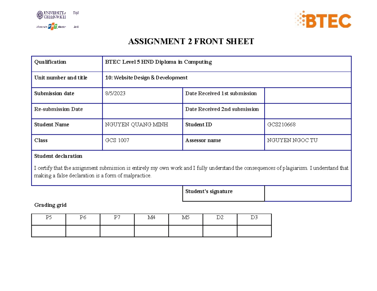 Unit 10.Assignment brief 2 - Frontsheet (2021 - 2022) - ASSIGNMENT 2 FRONT SHEET Qualification ...
