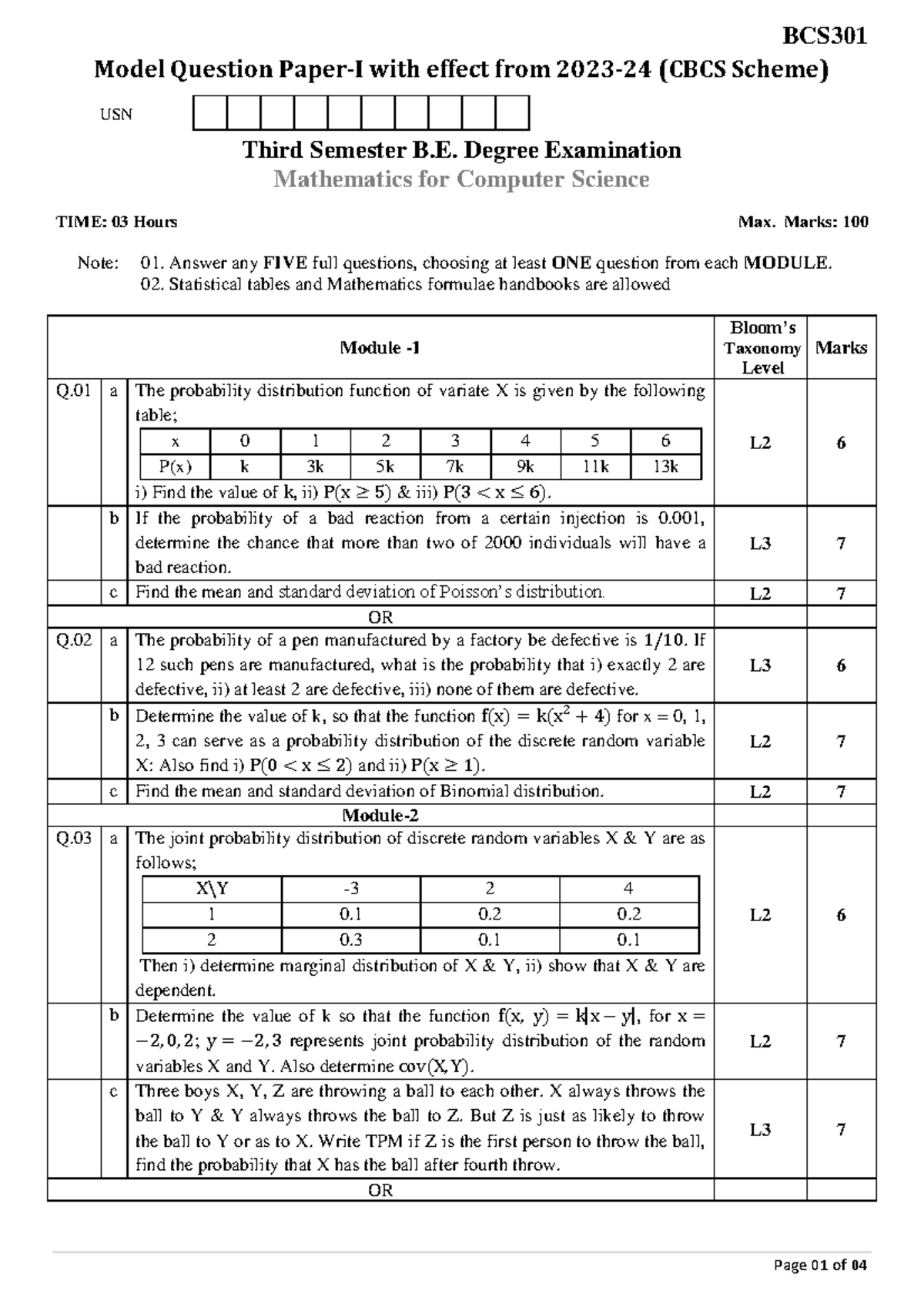 BCS301 Model Question Paper for 3rd Sem B.E. in Mathematics - Studocu