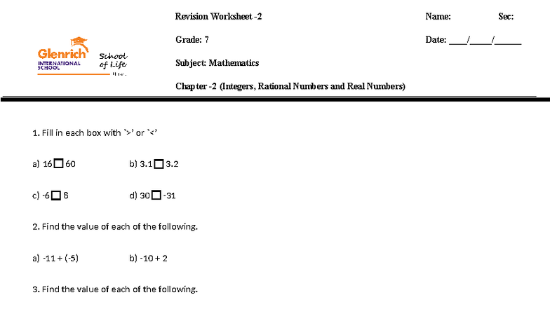 Revision Worksheet 2 - Mathematics Chapter 1: Integers & Rational ...