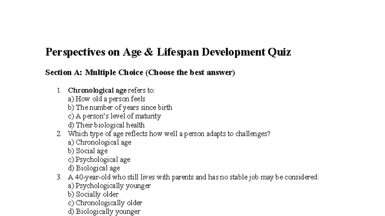PSY 101: Perspectives on Age Lifespan Development Quiz - Studocu