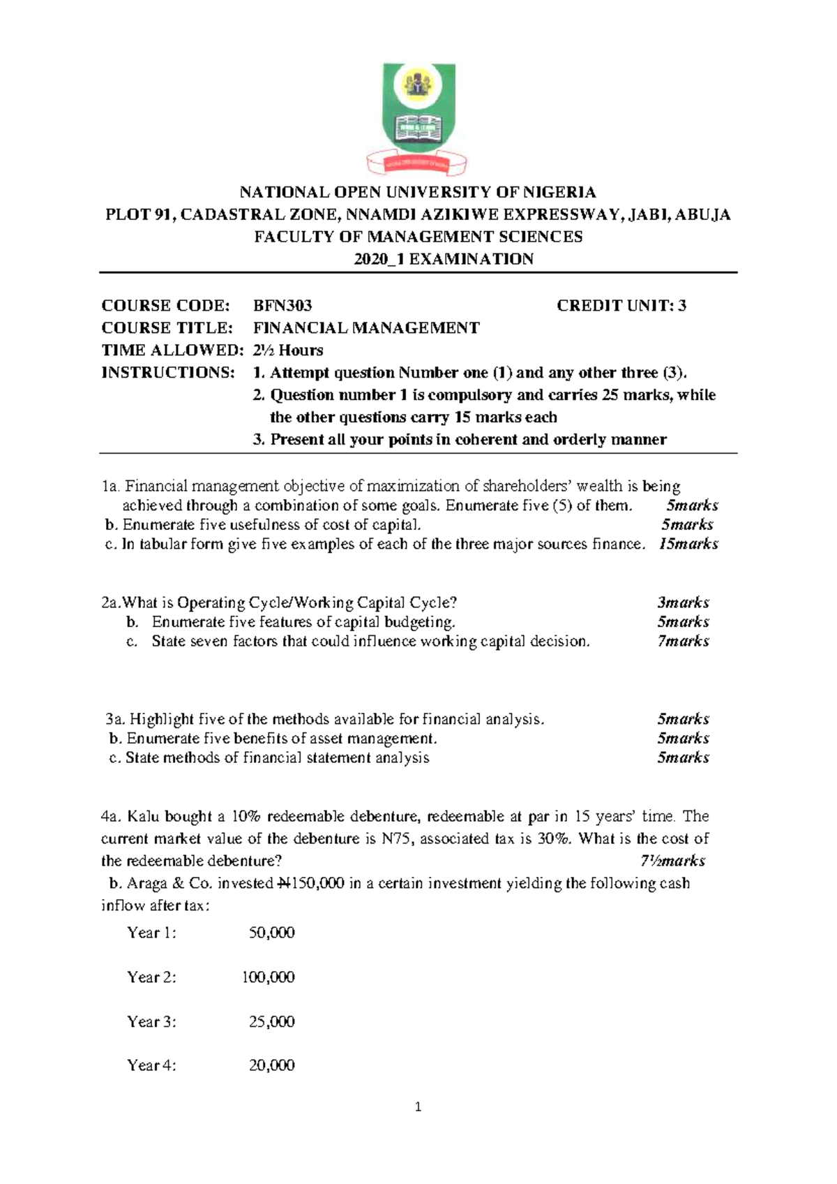 BFN303 2020 Financial Management Past Exam Questions - Studocu
