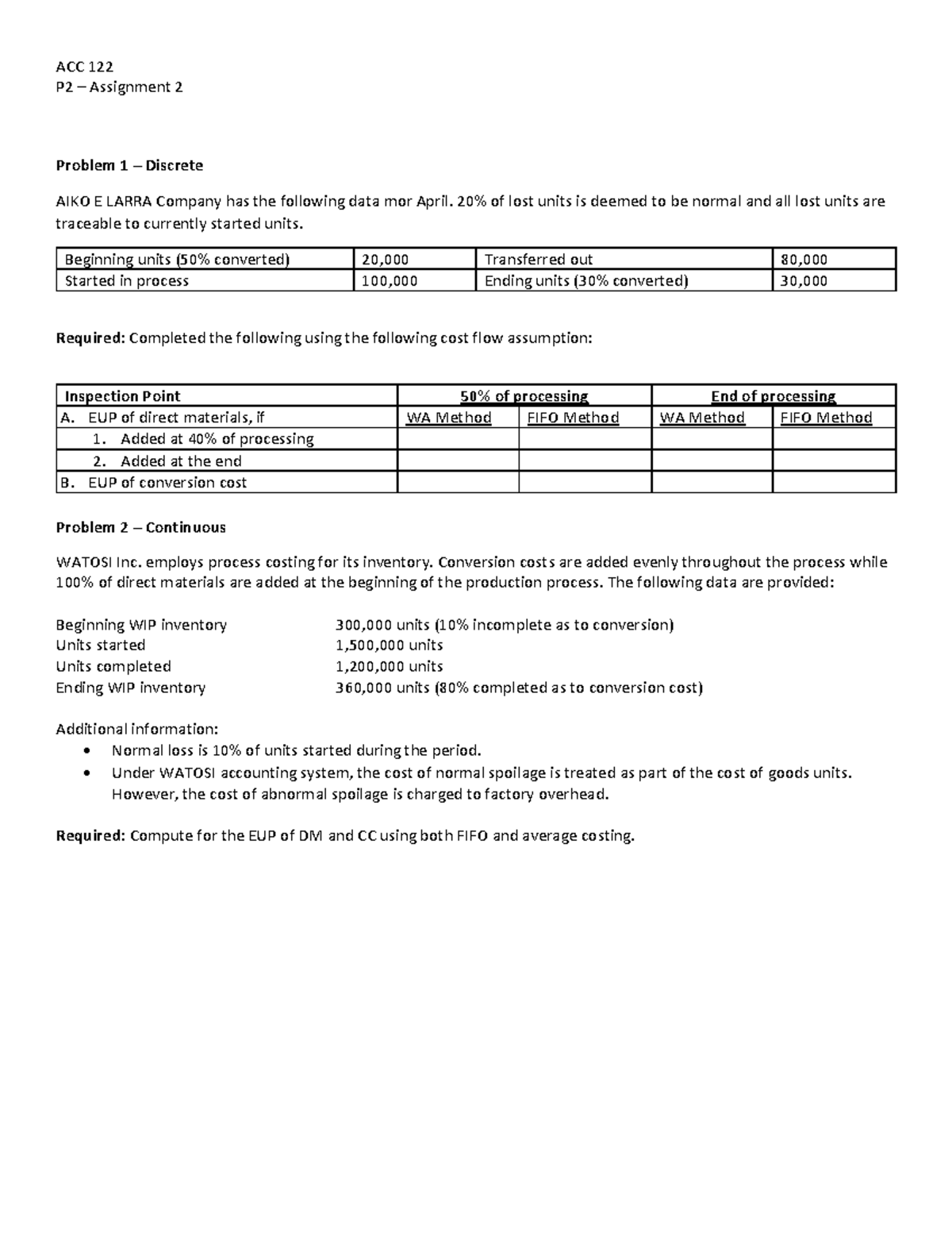 Acc 122 P2 Process Costing Assignment 2 Lost Units Analysis Studocu