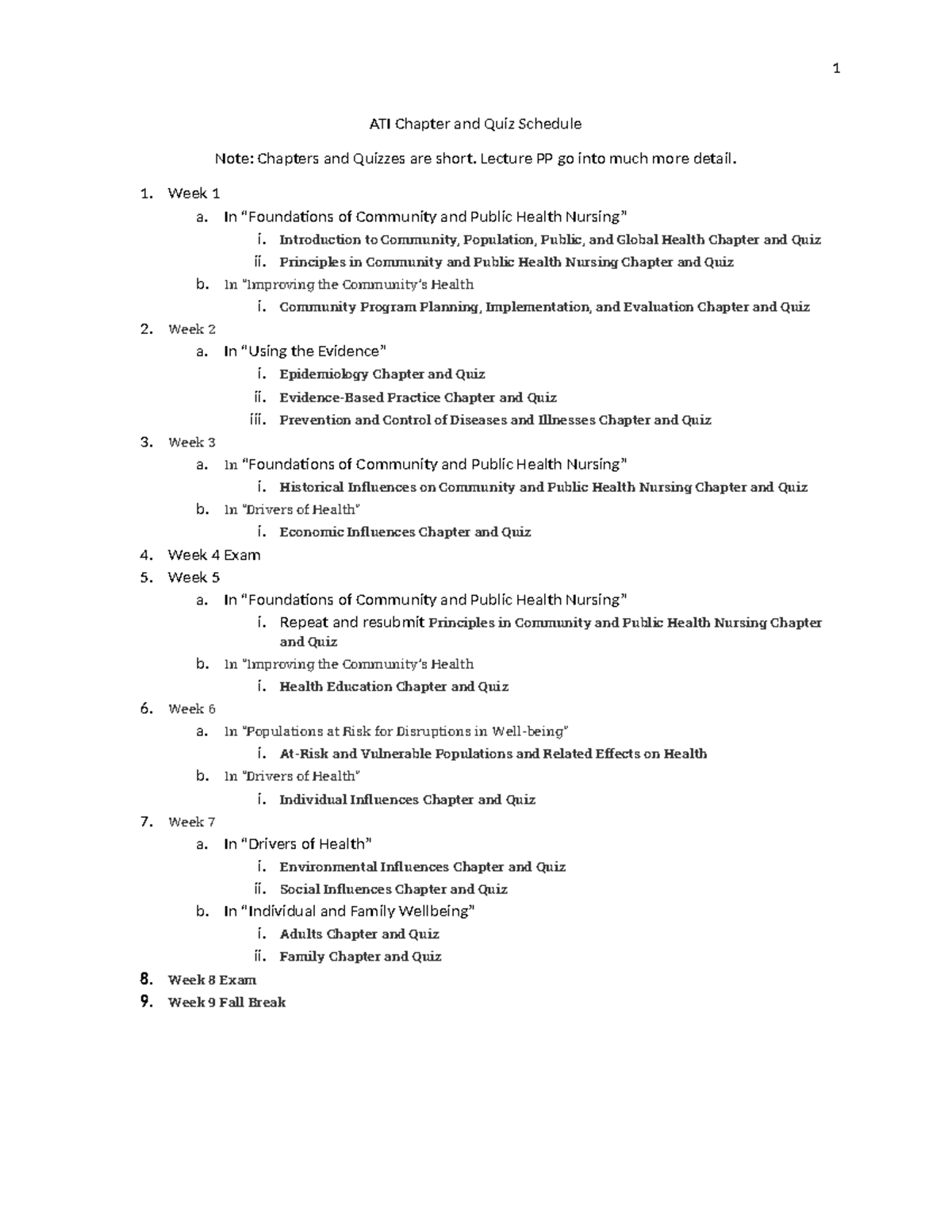 ATI Community and Public Health Chapter & Quiz Schedule - Studocu