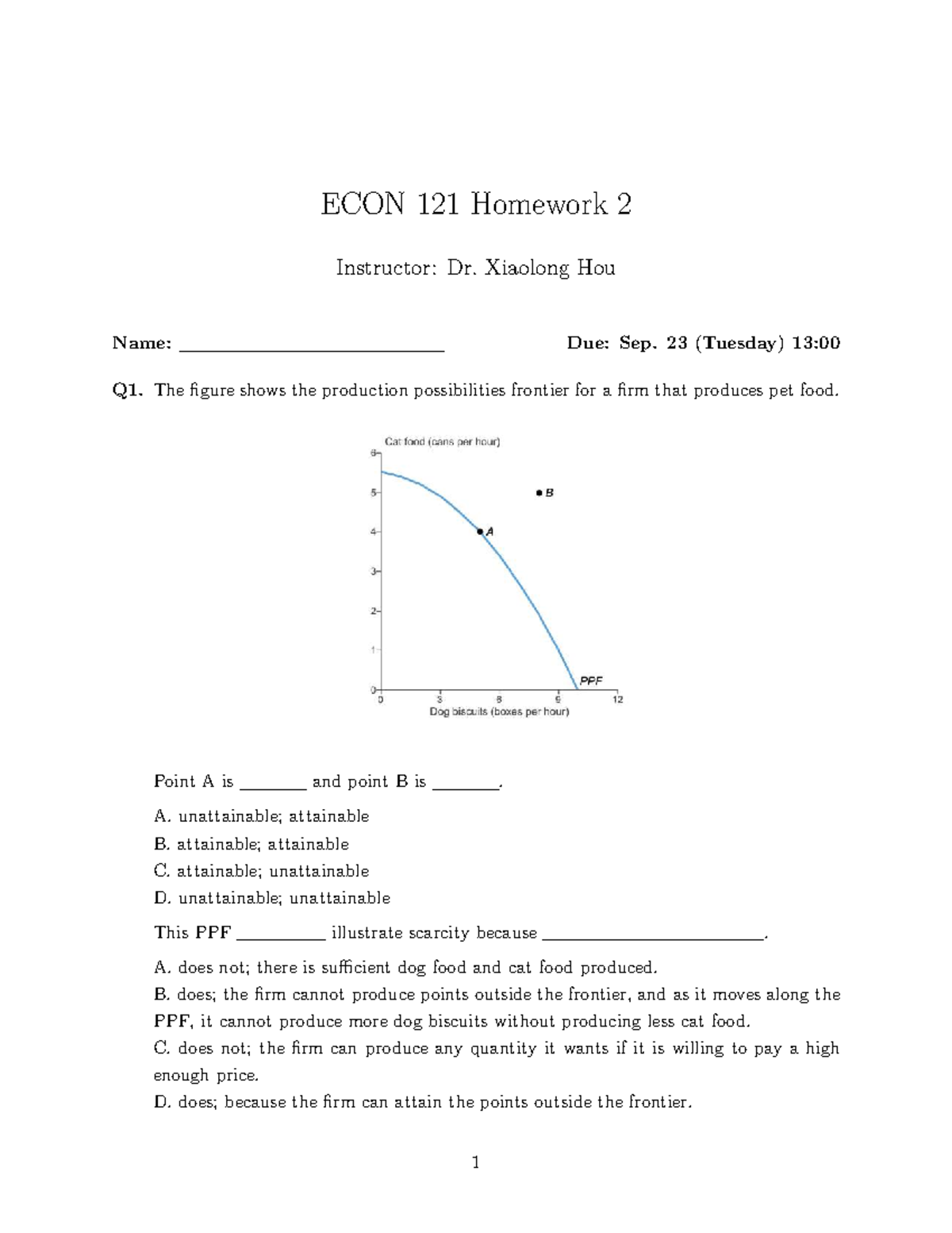 ECON 121 Homework 2 - Production Possibilities Frontier Practice - Studocu
