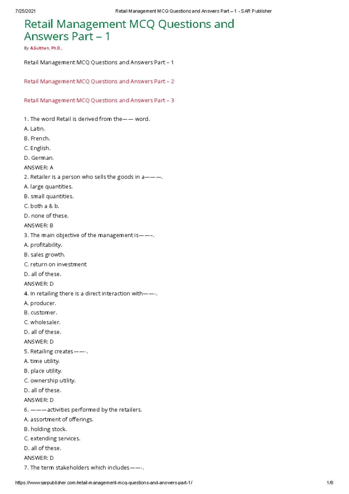 Retail Management MCQ Questions and Answers Part – 1 - SAR Publisher ...