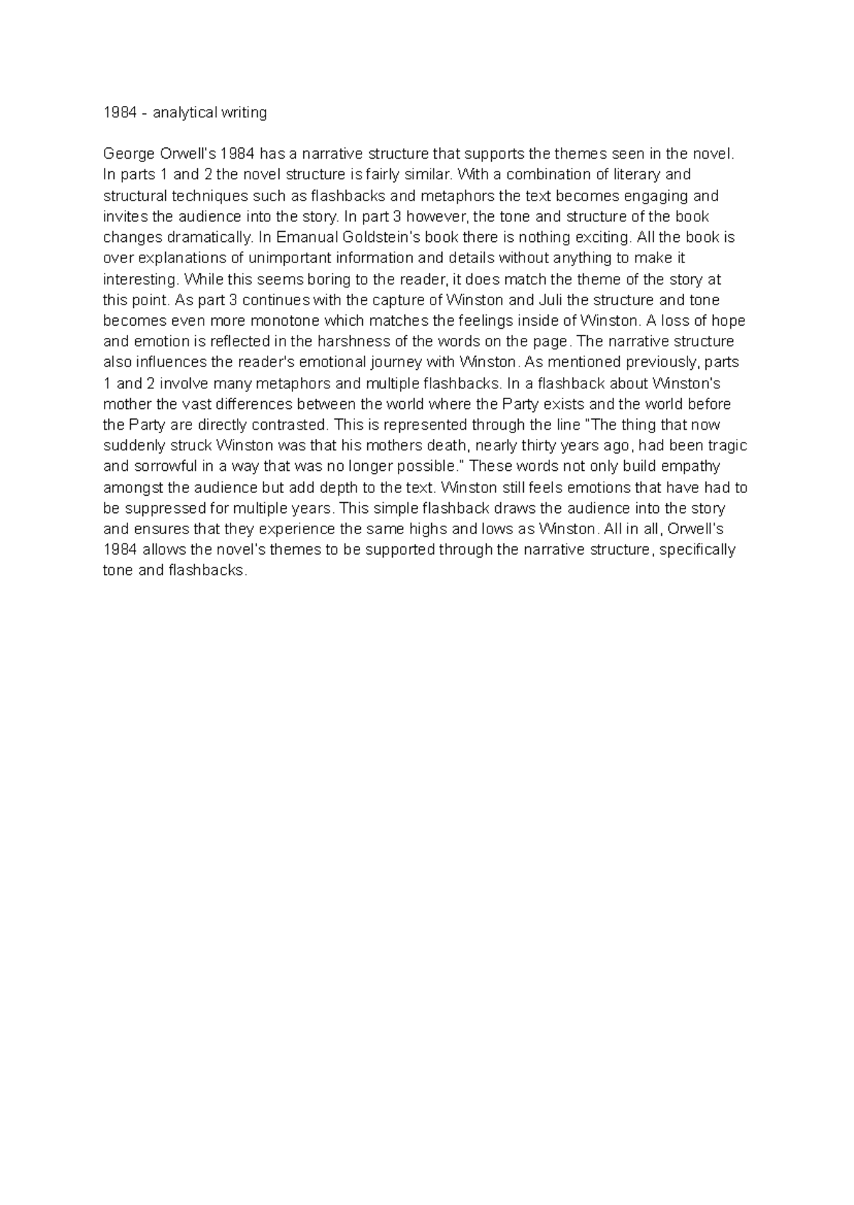 Analytical Writing on George Orwell's 1984 - Insights and Themes - Studocu