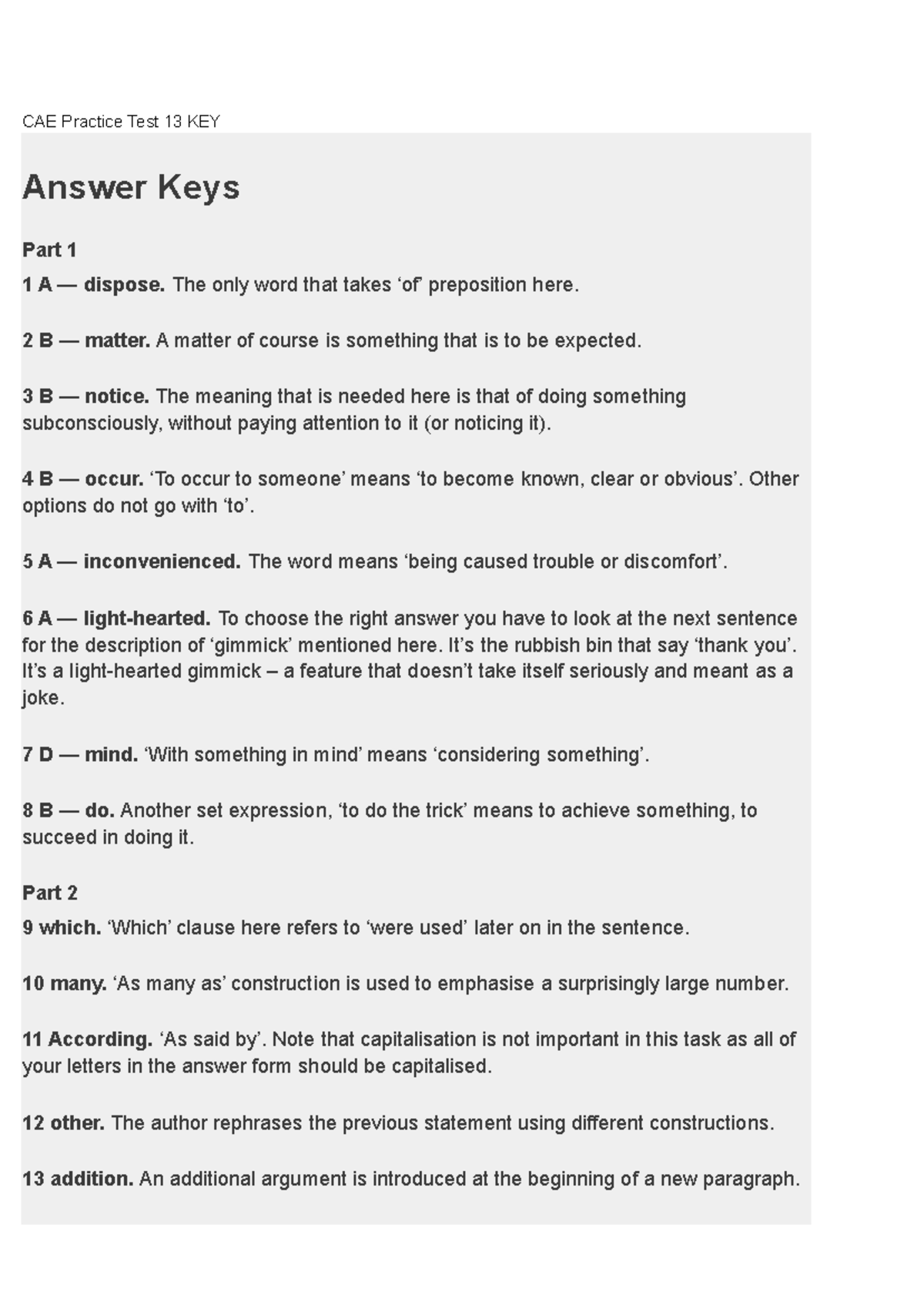 CAE Practice Test 13 Answer Key: Comprehensive Explanation Guide - Studocu