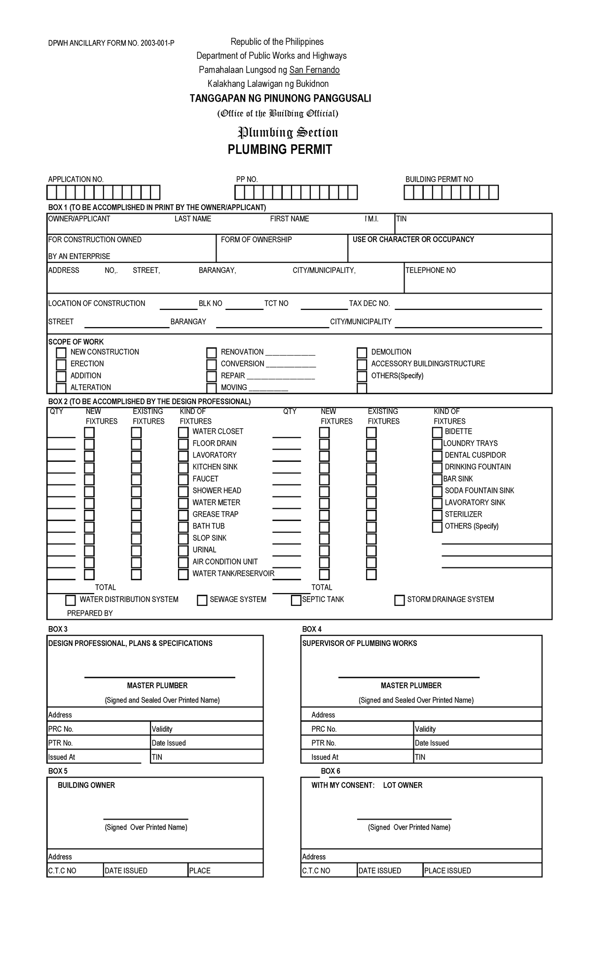 Plumbing-Permit - GOOD - DPWH ANCILLARY FORM NO. 2003-001-P Republic of ...