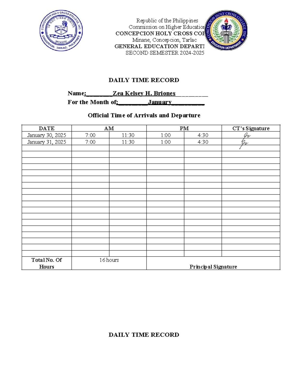 Daily Time Record - General Education Dept. (2nd Sem) - Studocu