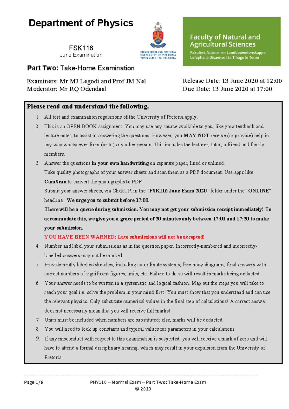 PHYS - FSK116 - Physics Final Exam June 2020: Part Two Instructions ...