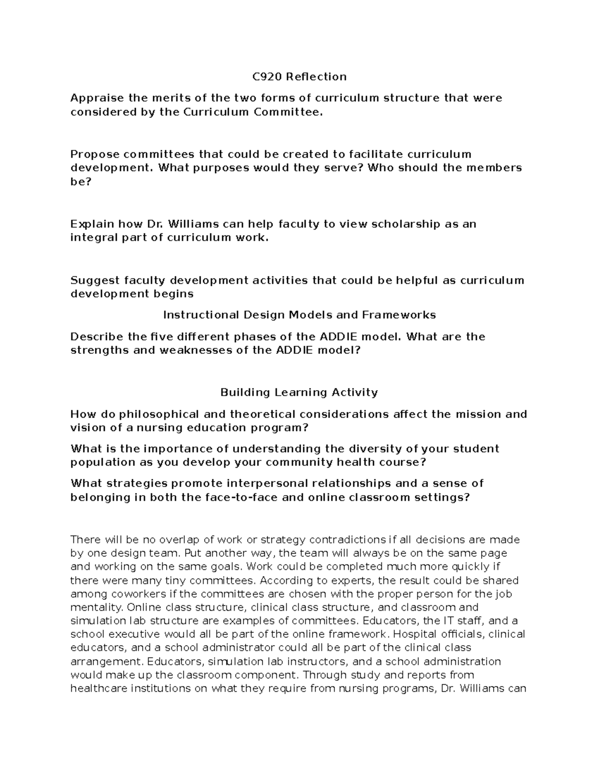 C920 Reflection Paper on Curriculum Development and Instructional ...