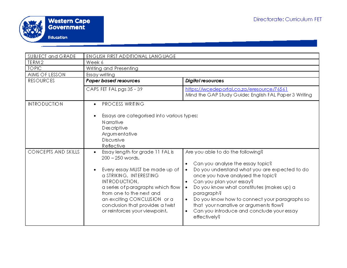 English FAL Grade 11 Term 2 Week 6 Essay Writing Guide - Studocu