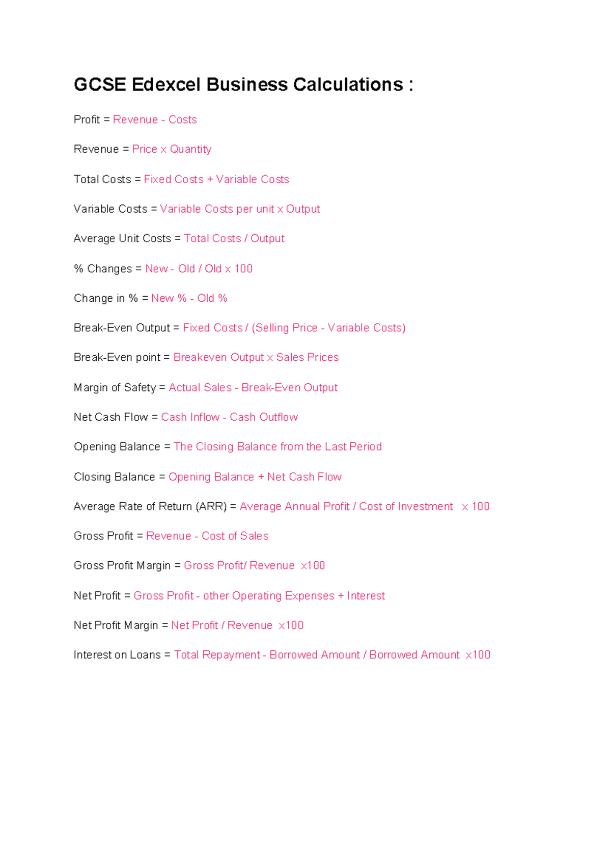 GCSE Edexcel Business Calculations: Key Formulas & Concepts - Studocu
