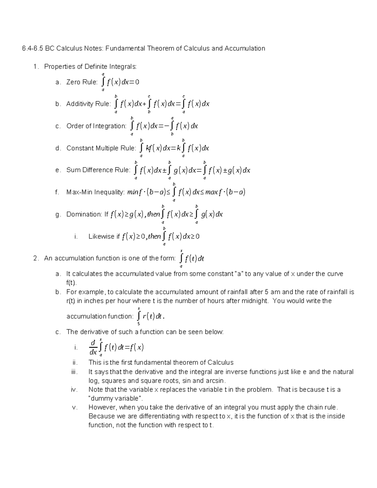 BC Calculus Notes: Fundamental Theorem & Accumulation (6.4-6.5) - Studocu