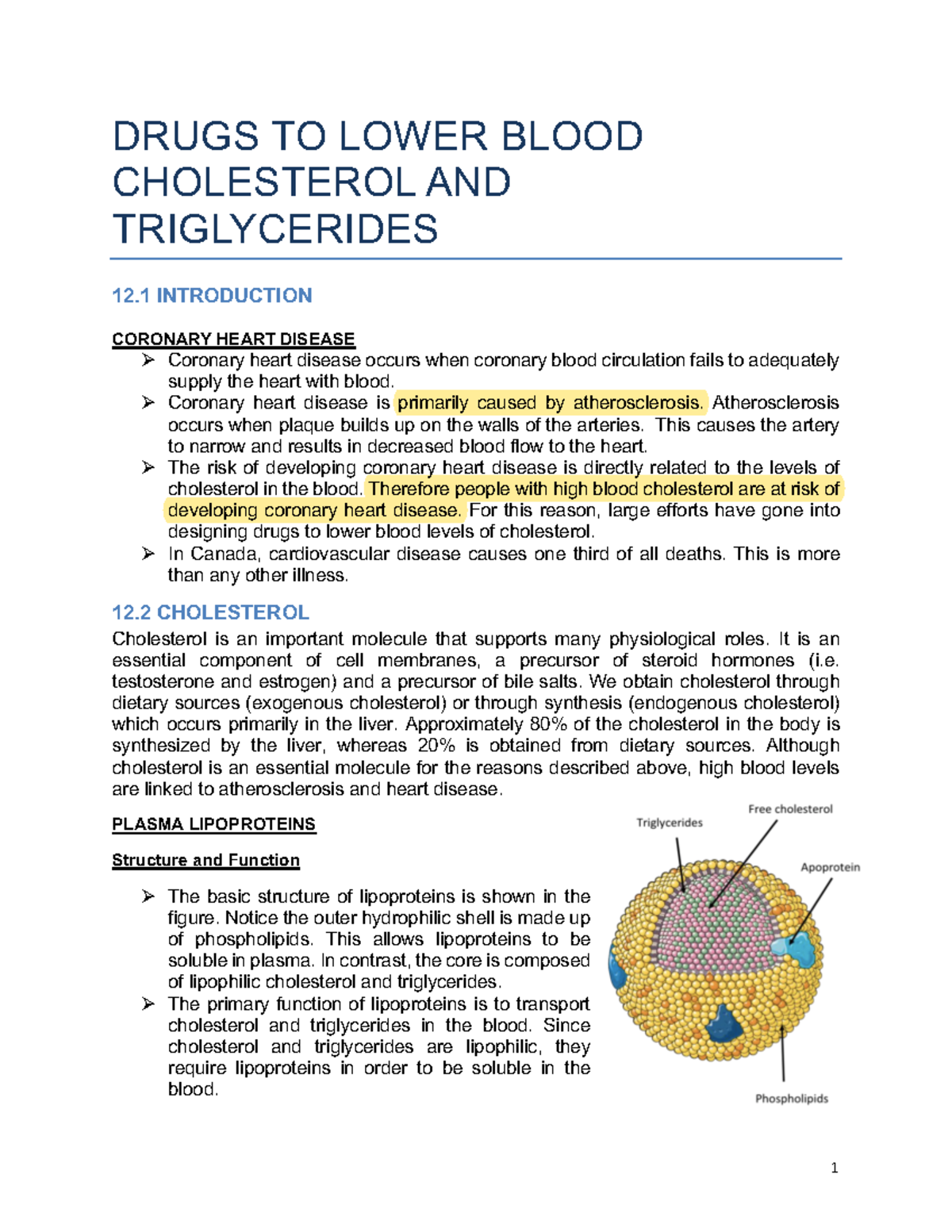 Module 12 Notes 2020 - N/A - DRUGS TO LOWER BLOOD CHOLESTEROL AND ...