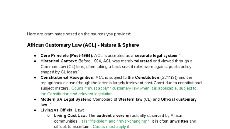 A2S1 Cram Notes: Understanding African Customary Law Principles - Studocu