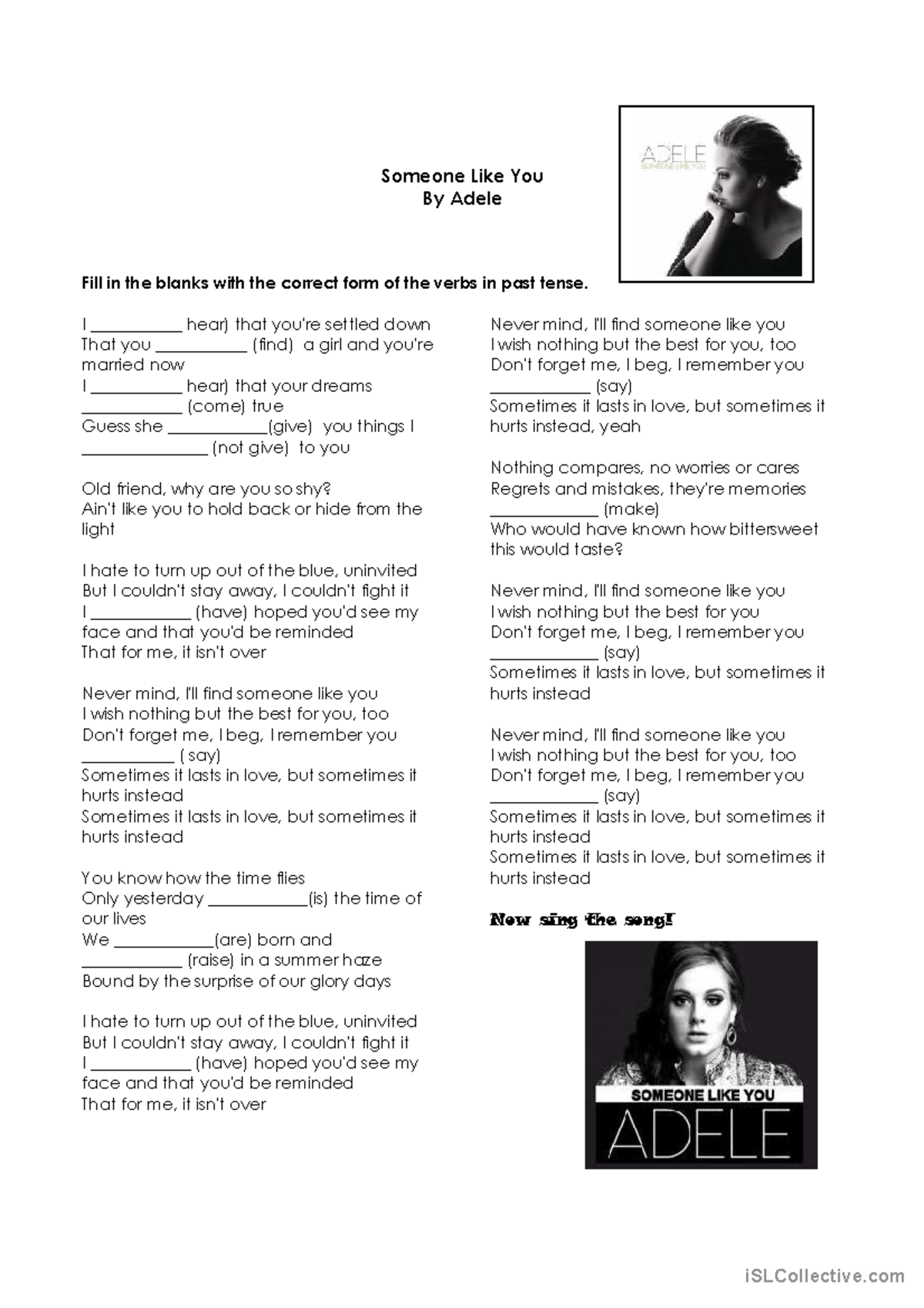 Simple Past Tense Exercise: "Someone Like You" by Adele - Studocu