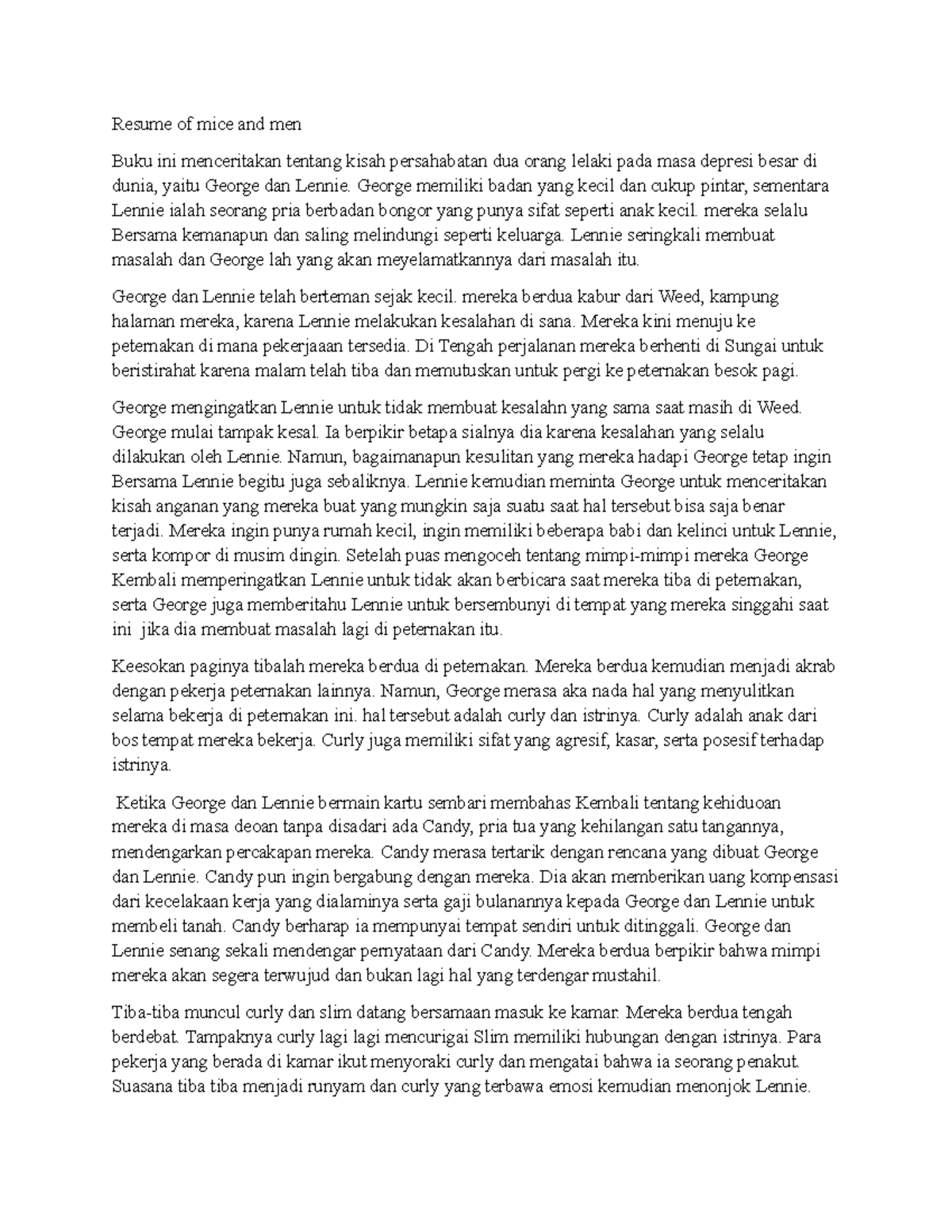 Resume Novel "Of Mice and Men" - Analisis Karakter dan Tema - Studocu