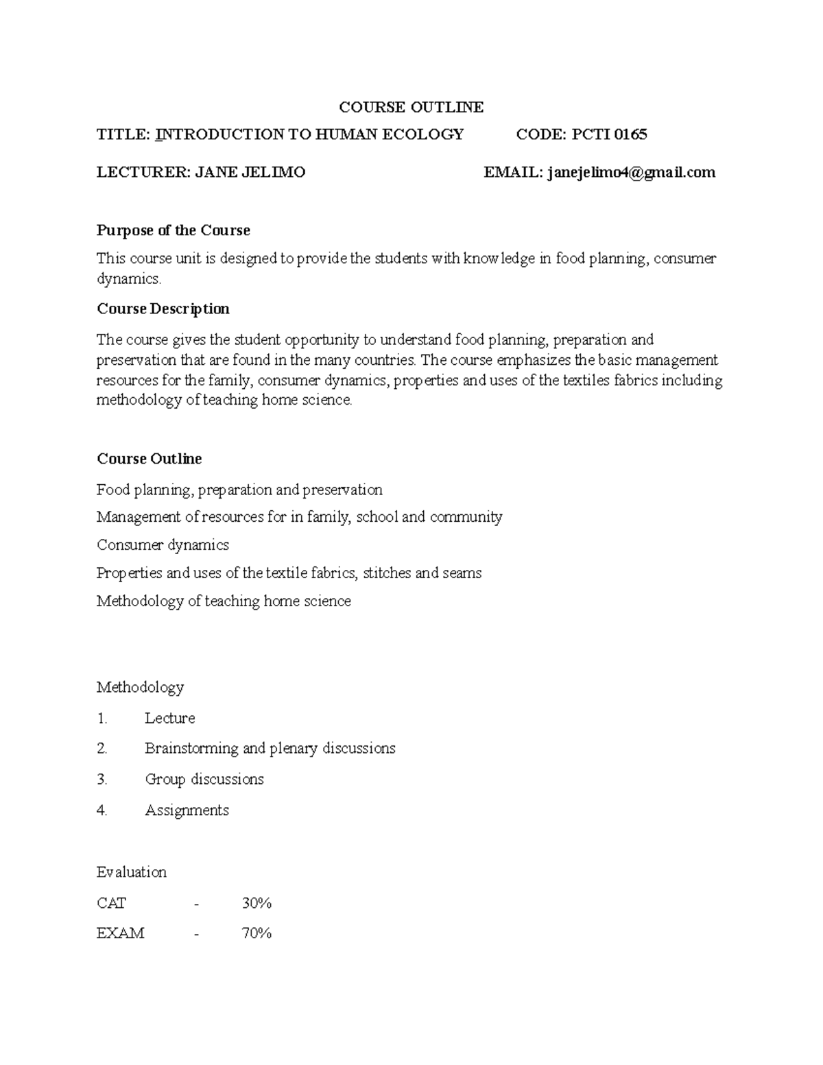 Introduction TO Human Ecology - COURSE OUTLINE TITLE: INTRODUCTION TO ...