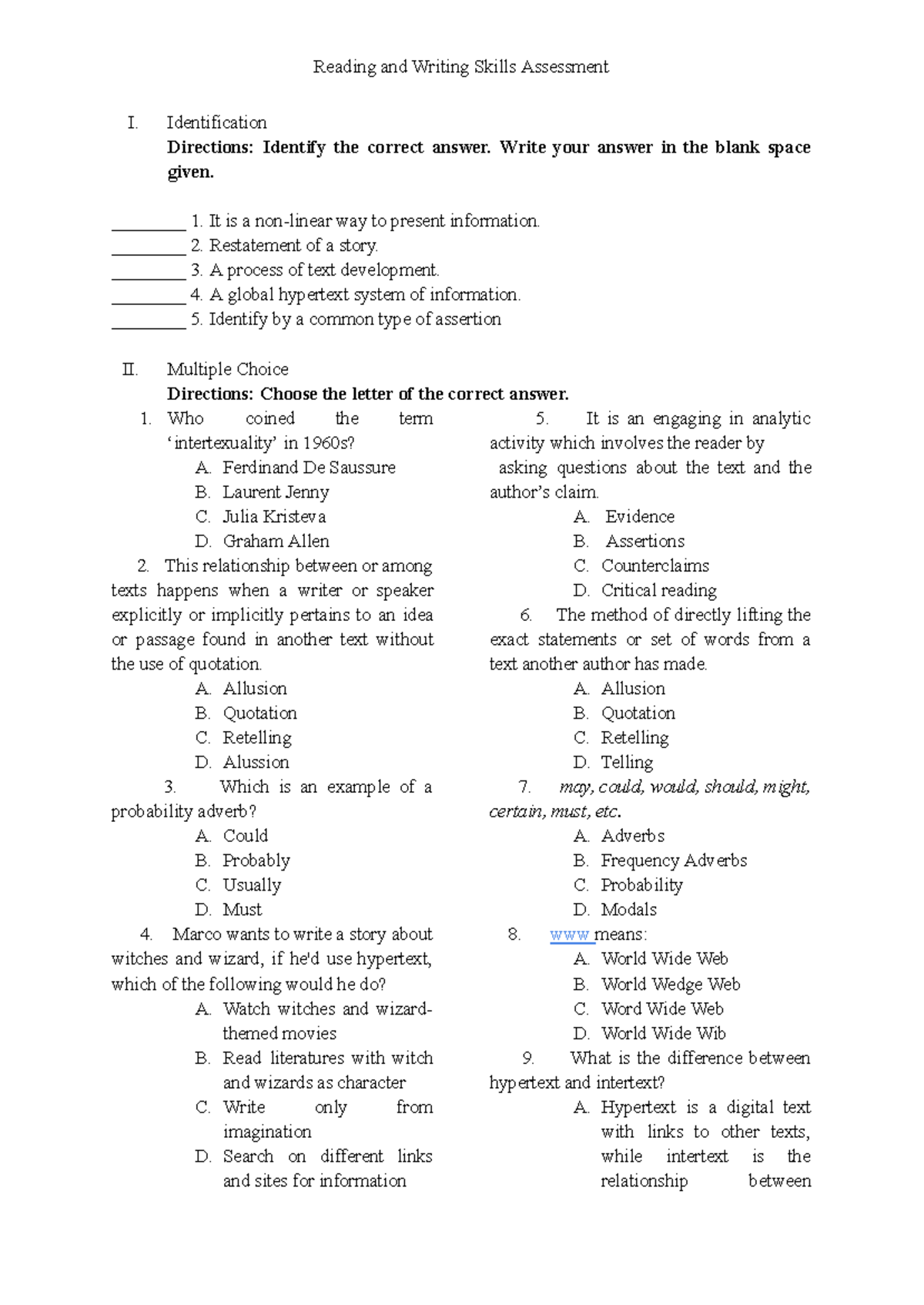 Grade 11 Reading & Writing Skills Assessment Guide - Studocu