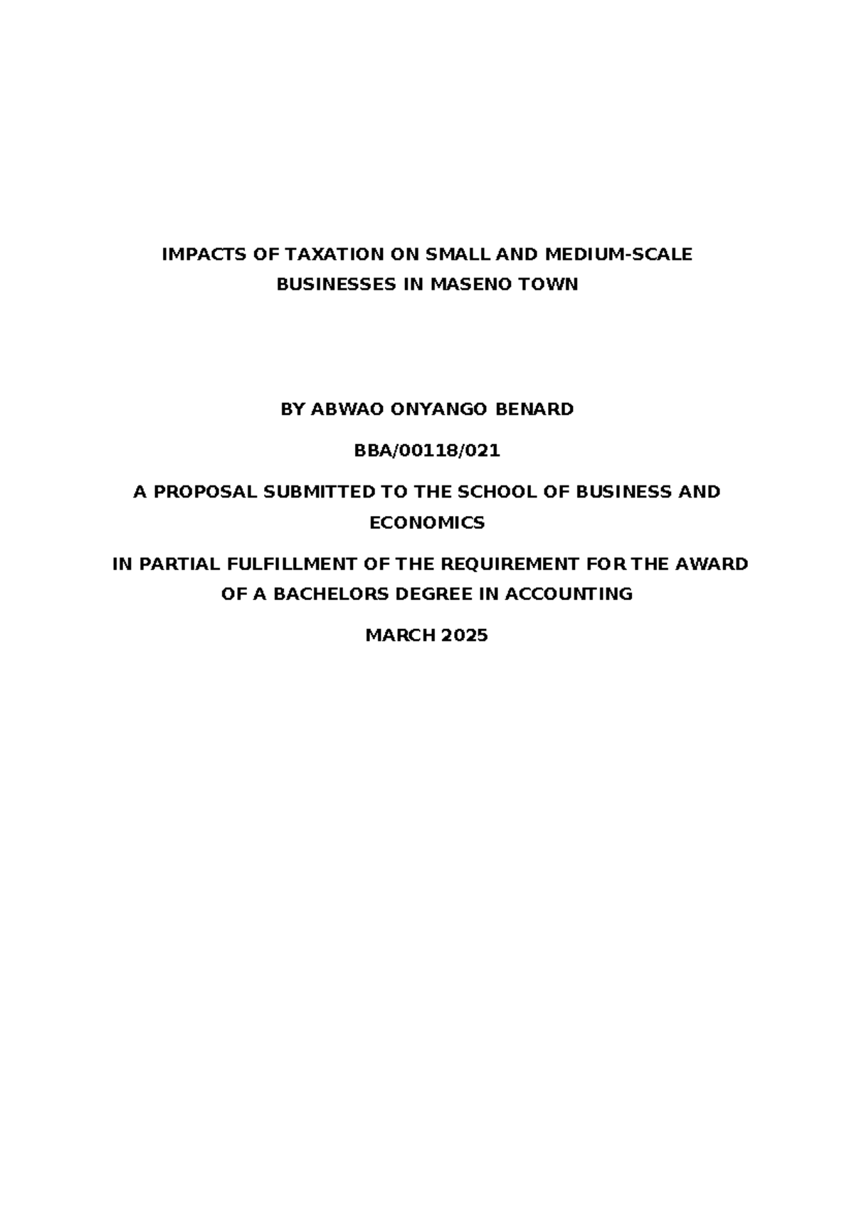Impacts of Taxation on SMEs in Maseno Town: A BBA Research Proposal ...