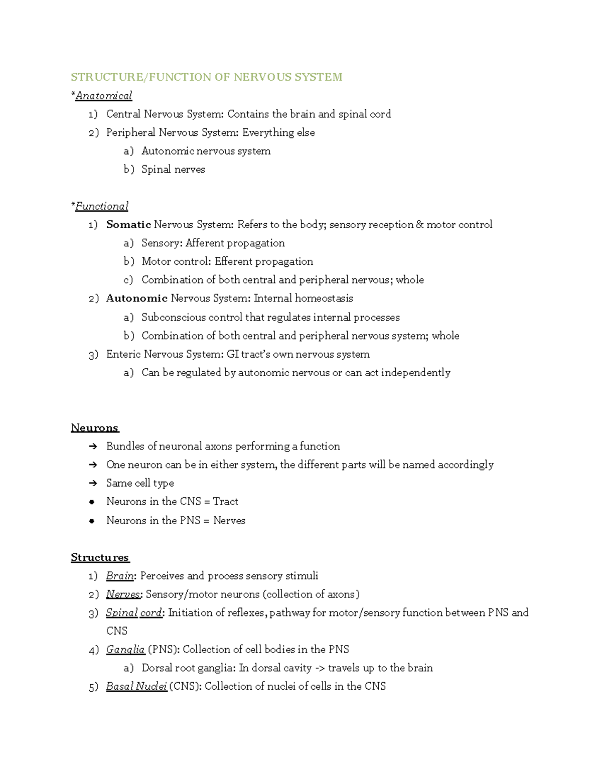 A&P Chapter 12: Structure & Function of the Nervous System Notes - Studocu