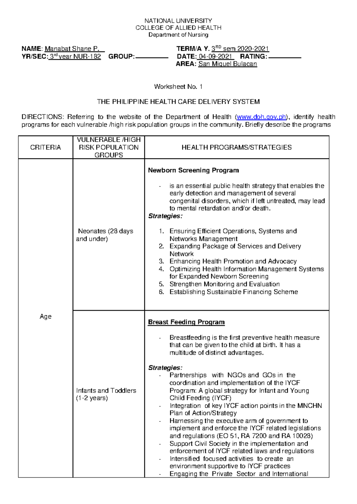 Worksheet 1 DOH Worksheet 1 DOH Worksheet 1 DOH - COLLEGE OF ALLIED ...