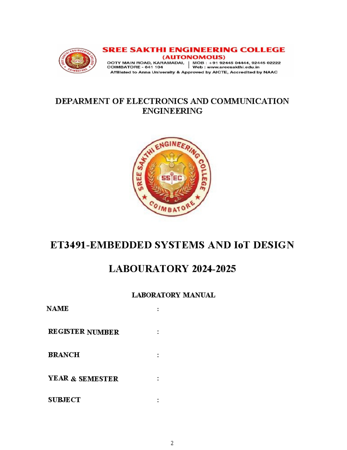 EIOT Lab Manual: Systems and IoT Design (ET3491) - Studocu