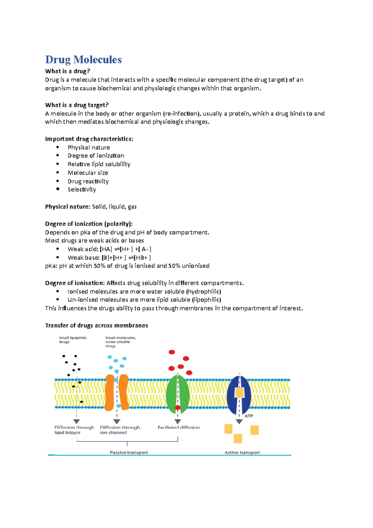 Pharm notes - 2020 - Drug Molecules What is a drug? Drug is a molecule ...