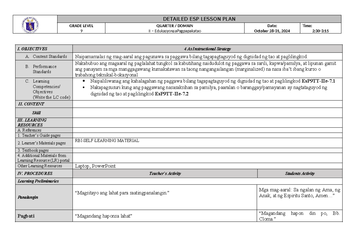 DETAILED ESP LESSON PLAN GRADE 9 QUARTER II EdukasyonsaPagpapakatao ...