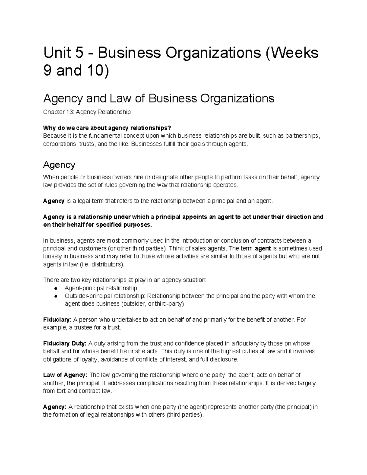 Law Unit 5 - Law Unit 4 - Unit 5 - Business Organizations (Weeks 9 and ...