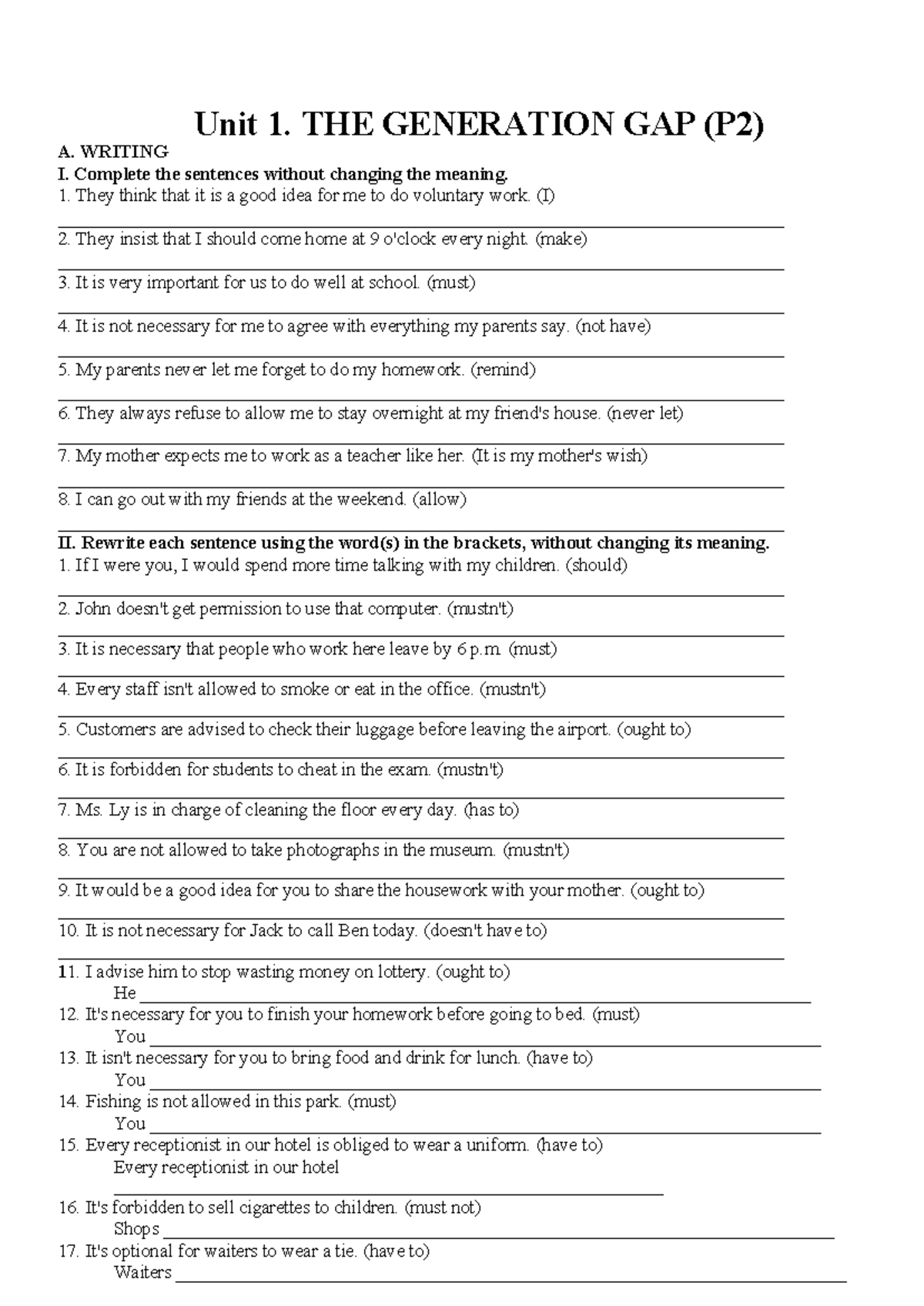 Unit 1 (P2): Understanding the Generation Gap - Writing & Vocabulary ...