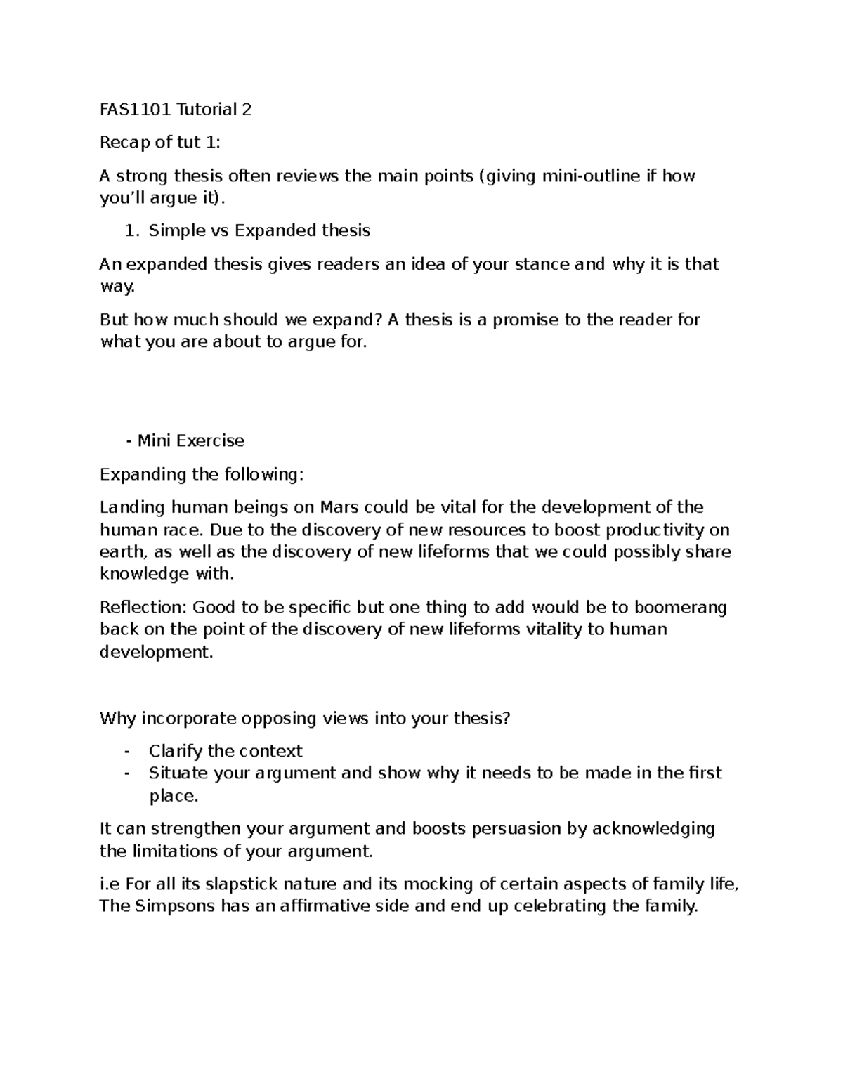 FAS1101 Tutorial 2: Crafting Strong Thesis Statements and Arguments ...
