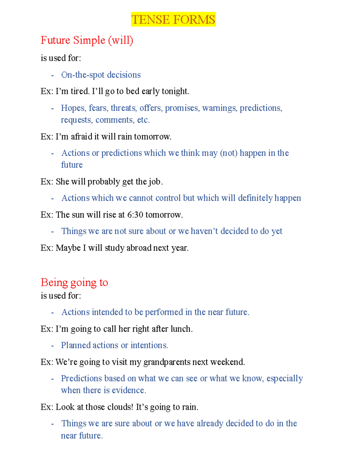 TENSE FORMS: Future Simple (will) & Going To Explained - Studocu