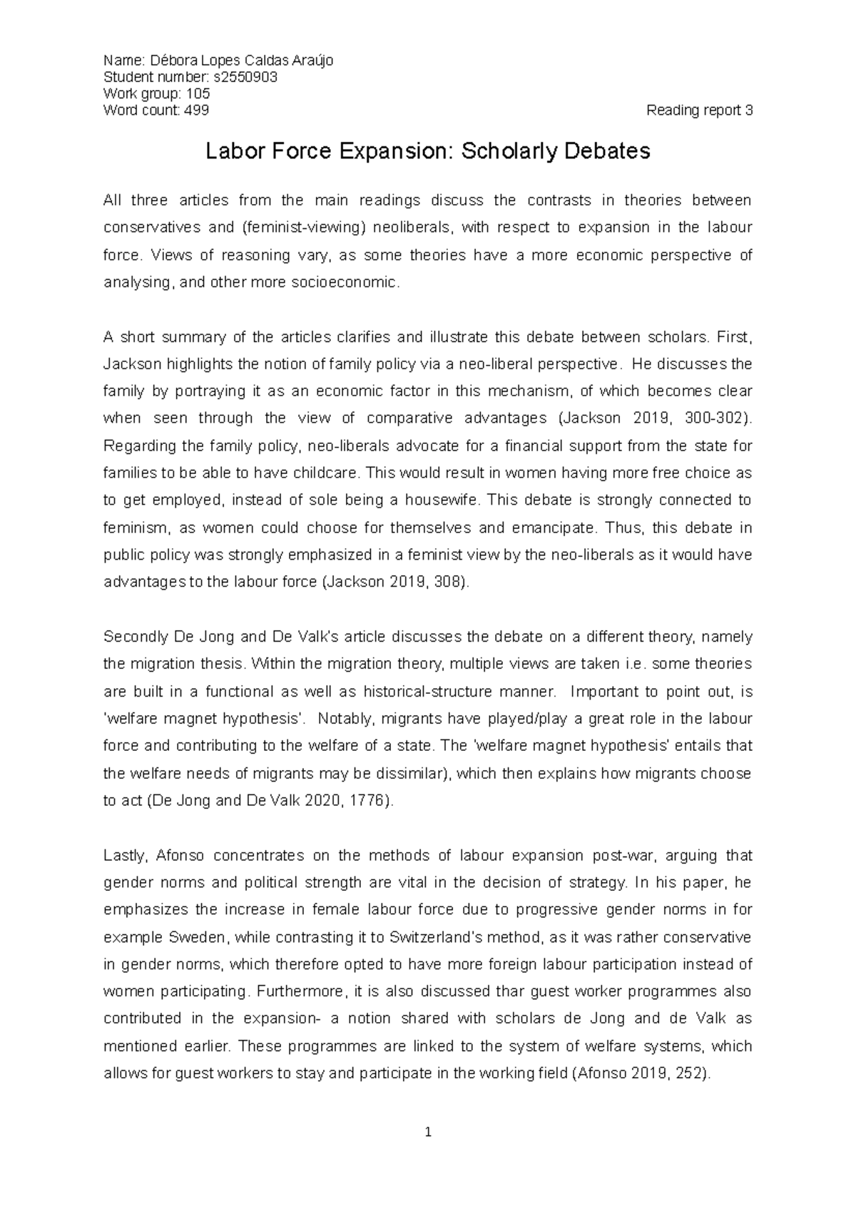 Reader Response 3: Analyzing Labor Force Expansion Theories - Studeersnel