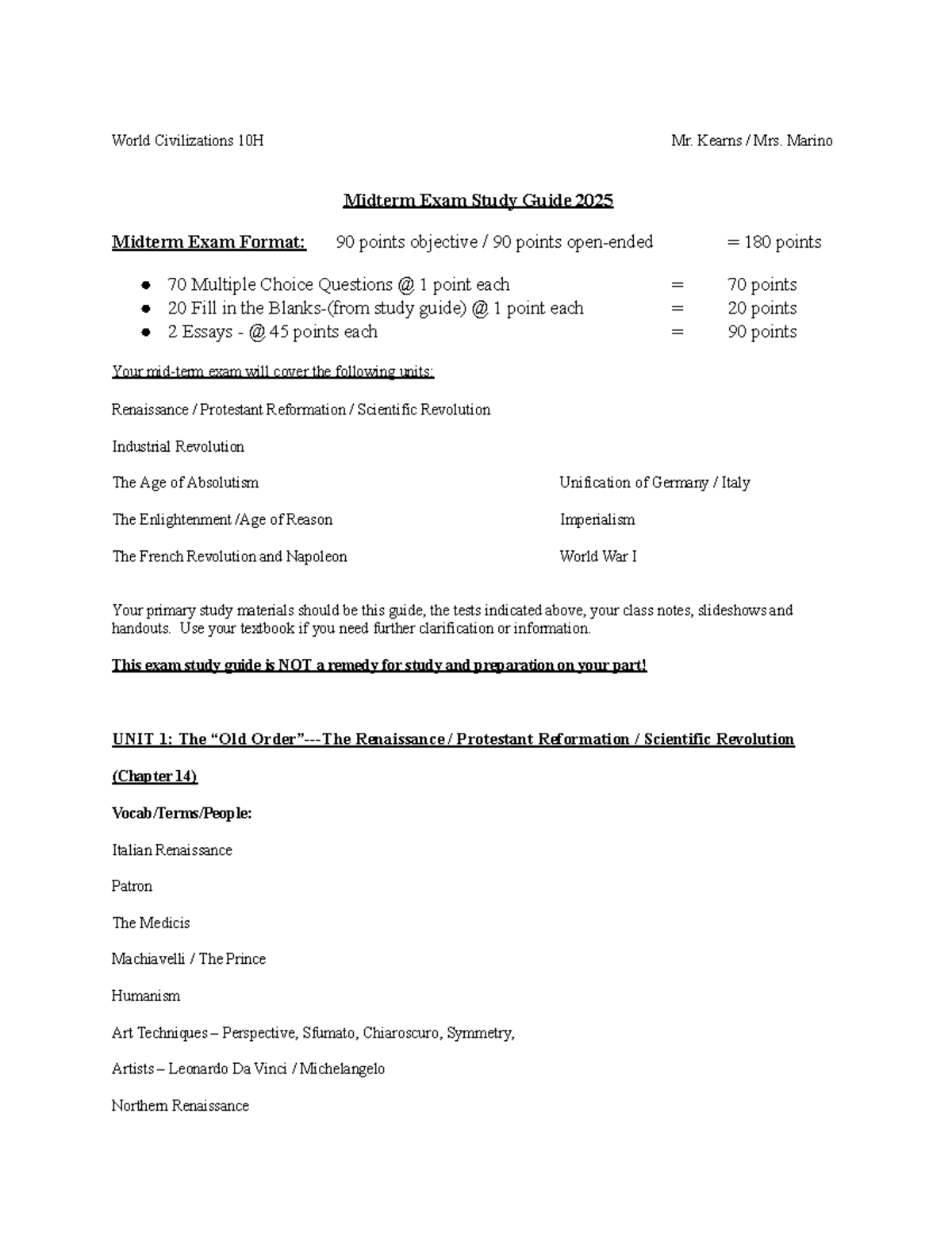 World Civ 10H Midterm Exam Study Guide (Renaissance to WWI) 2025 - Studocu