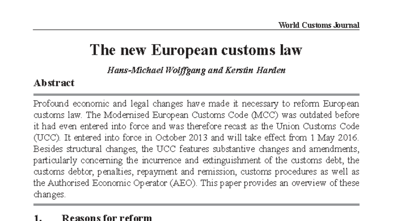 World Customs Journal: The New European Customs Law (115304) - Studocu