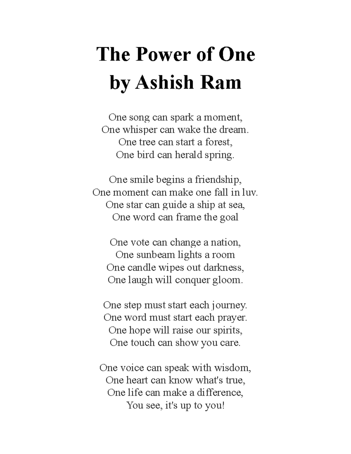 The Power of One - English 6 [Choral Reading] Analysis - Studocu